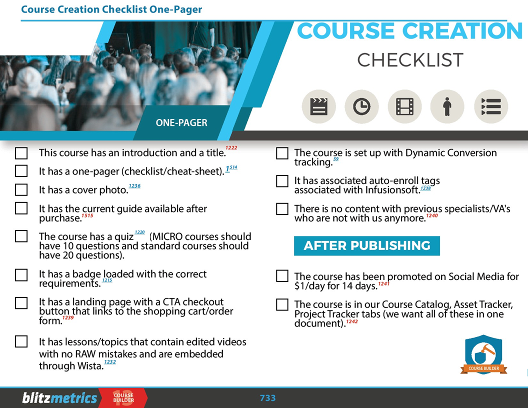 Course Creation Checklist One Pager | BlitzMetrics