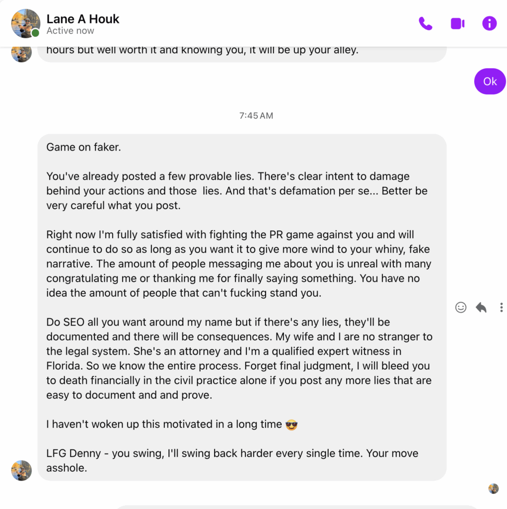 Lane Houk’s Threatening Messages — Screenshot, Transcript, and Analysis ...
